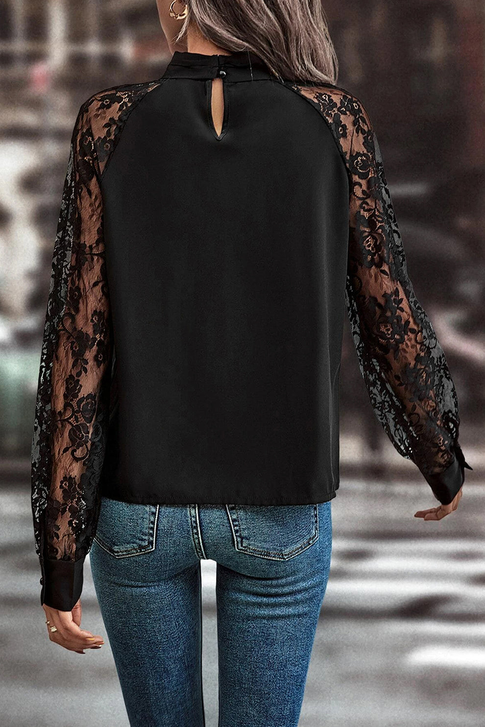 Black Keyhole Neckline Lace Splicing Raglan Sleeve Blouse – Ava & Ash